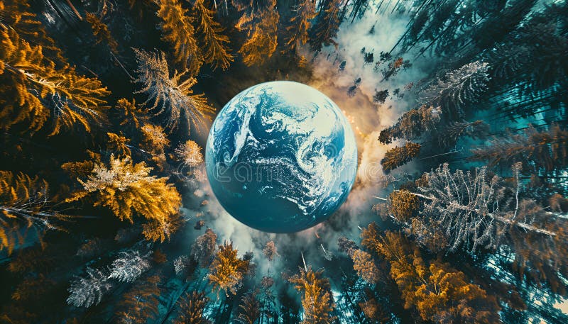 Save the Planet. Aerial View of Coniferous Forest and Planet Earth ...