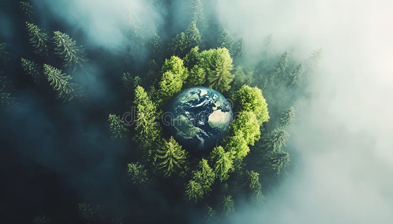 Save the Planet. Aerial View of Coniferous Forest and Planet Earth ...
