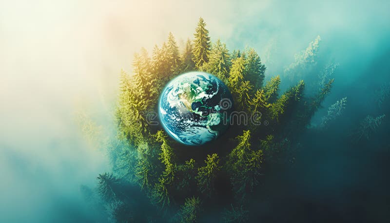 Save the Planet. Aerial View of Coniferous Forest and Planet Earth ...
