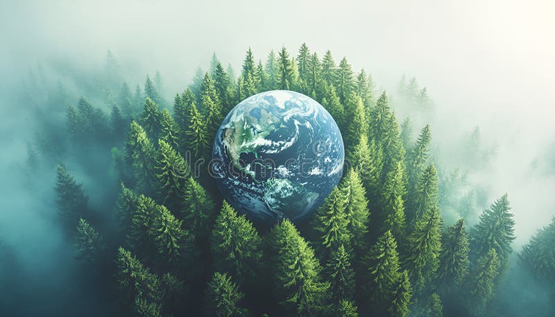Save the Planet. Aerial View of Coniferous Forest and Planet Earth ...