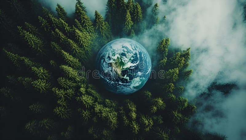 Save the Planet. Aerial View of Coniferous Forest and Planet Earth ...