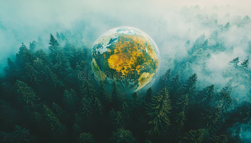 Save the Planet. Aerial View of Coniferous Forest and Planet Earth ...