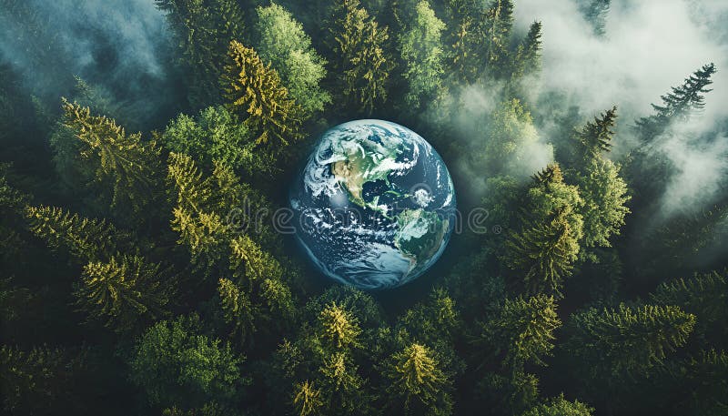 Save the Planet. Aerial View of Coniferous Forest and Planet Earth ...