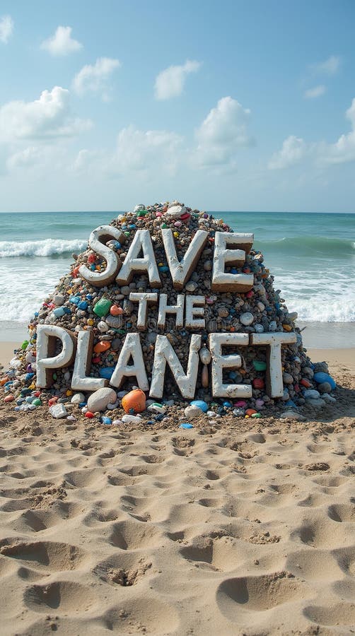 Save the Planet Message on a Beach Surrounded by Garbage Stock ...