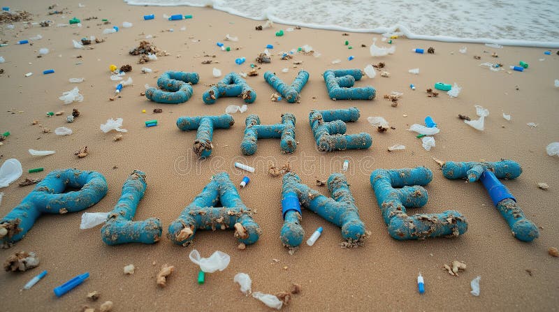 Save the Planet Message on a Beach Surrounded by Plastic Waste Stock ...