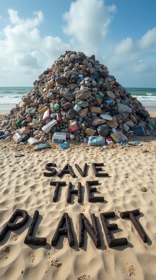 Save the Planet Message with Garbage Pile on Sandy Beach Stock ...
