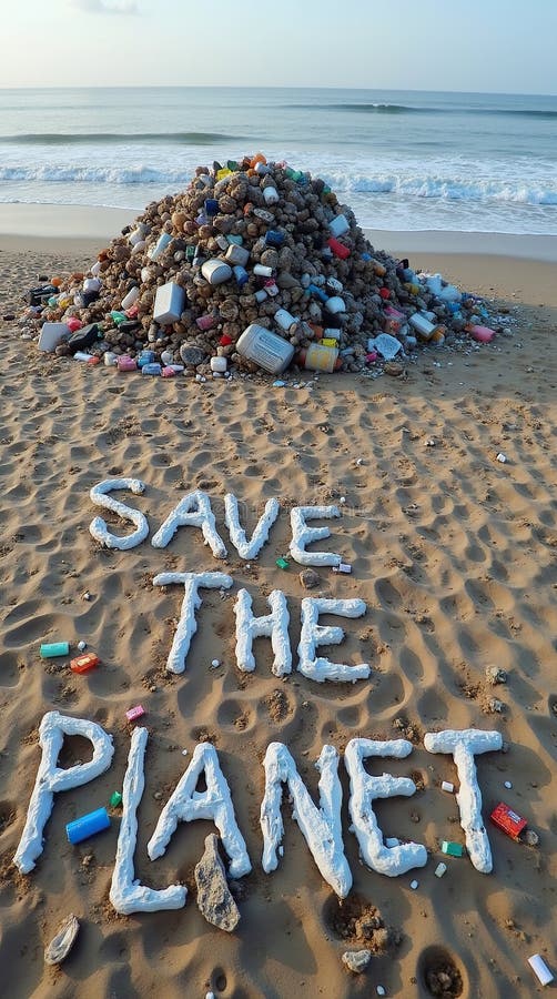 Save the Planet Message on Sandy Beach with Large Pile of Garbage Stock ...