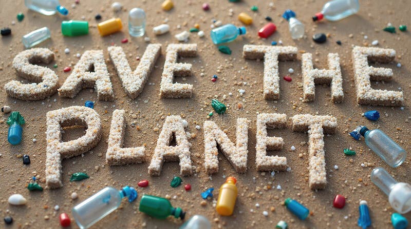 Save the Planet Message Surrounded by Plastic Bottles on a Sandy Beach ...