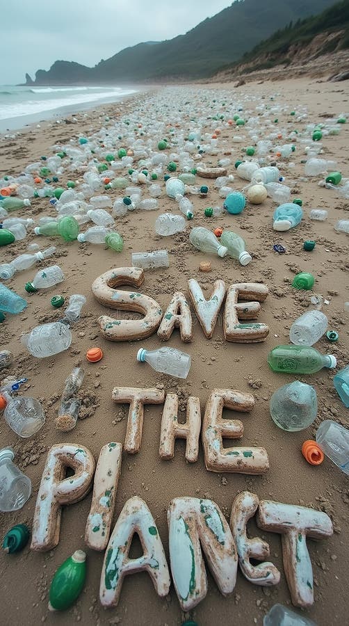 Save the Planet Message Surrounded by Plastic Waste on Beach Stock ...