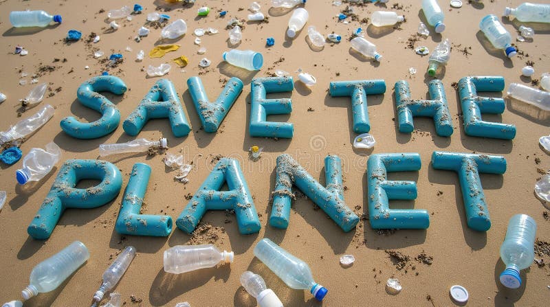 Save the Planet Message Surrounded by Plastic Waste on Sandy Beach ...