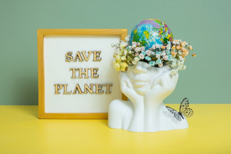 Save the Planet Text with World Globe in Head with Flowers. Environment ...