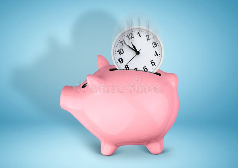 Saveing Time Concept, Piggy Bank with Clock on Blue Stock Image - Image ...