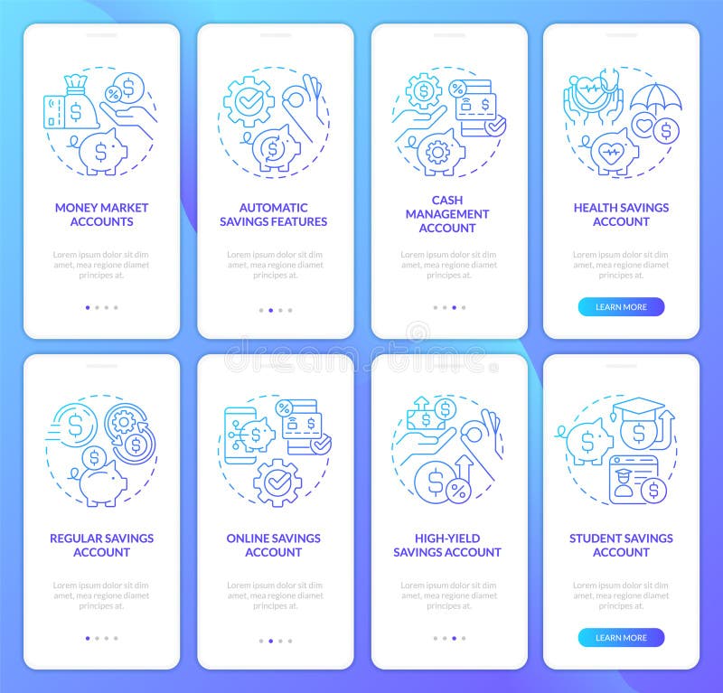 Saving Accounts Types Blue Gradient Onboarding Mobile App Screen Set ...