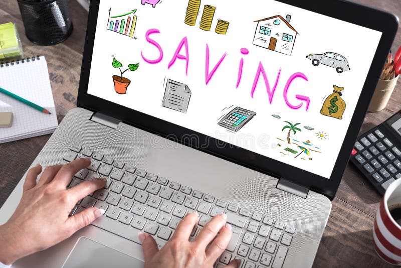 Saving Concept on a Laptop Screen Stock Image - Image of computer ...