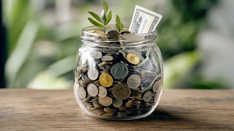 Saving for the Future a Jar of Coins and Bills on a Rustic Table ...