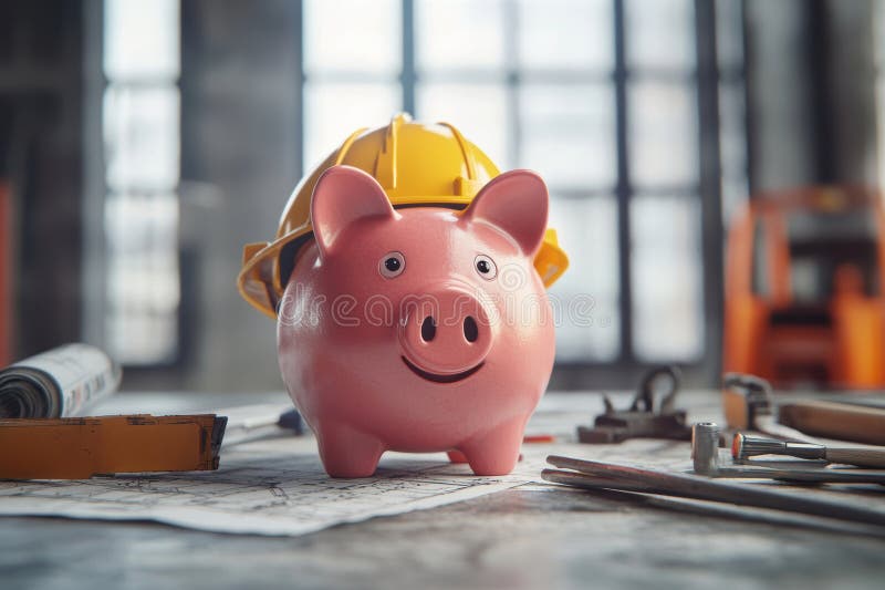 Saving for Future Projects: Piggy Bank on Construction Site with Tools ...