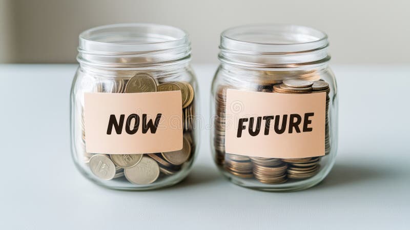 Saving Jars Labeled Now and Future Filled with Coins Symbolize ...