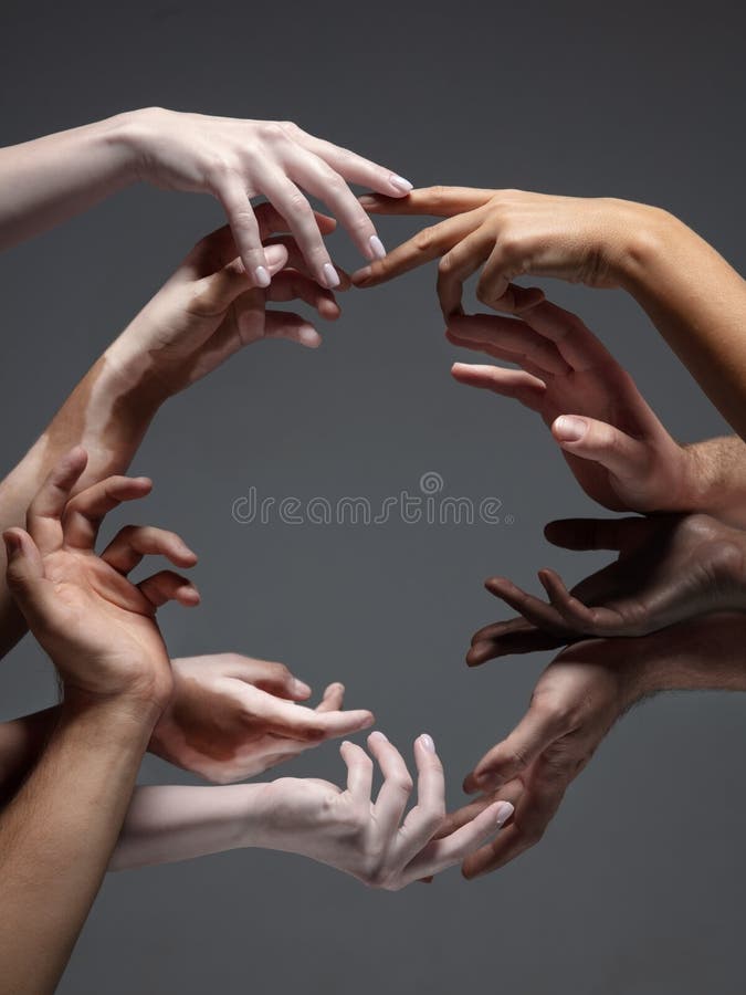 Hands of Different People in Touch Isolated on Black Studio Background ...