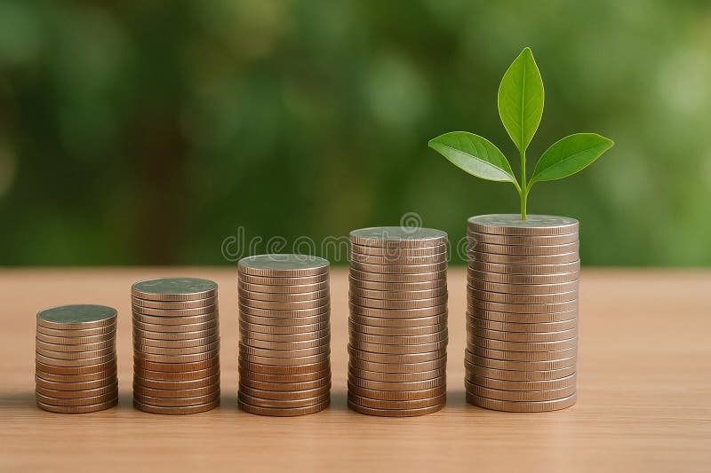 Saving money coin stacks stock illustration. Illustration of sunset ...