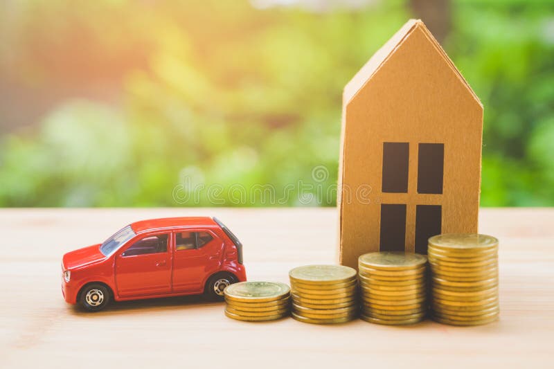 Saving Money Concept. Buy Car, House, Stack of Coins Stock Photo ...