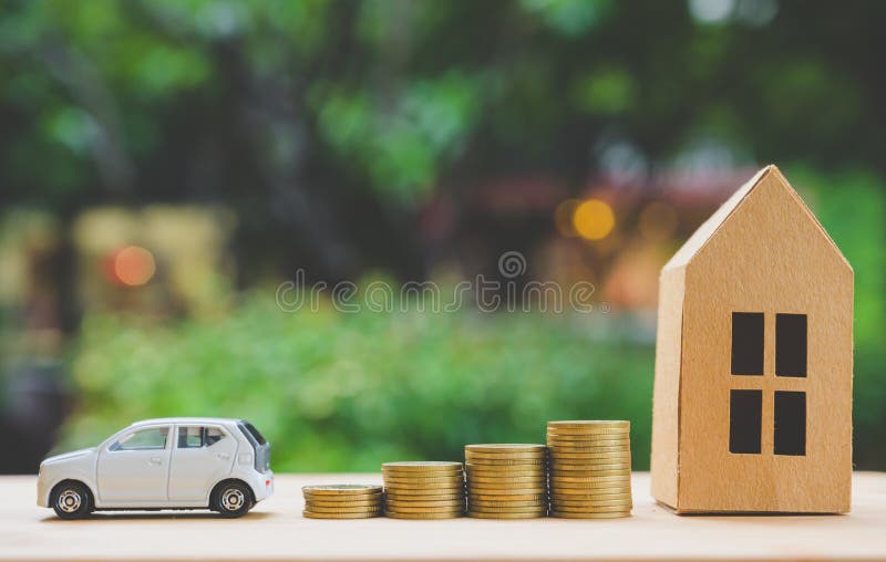 Saving Money Concept. Buy Car, House, Stack of Coins Stock Photo ...