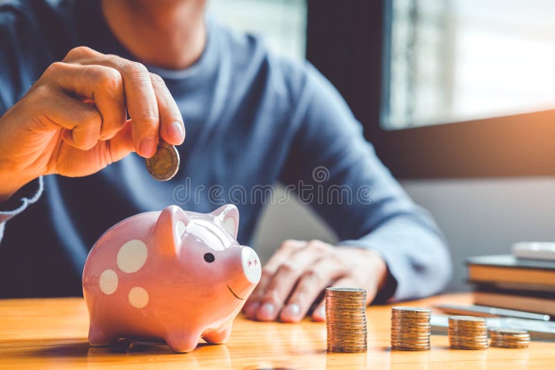 Saving Money Concept Man Hand Putting Row and Coin Write Finance Saving ...