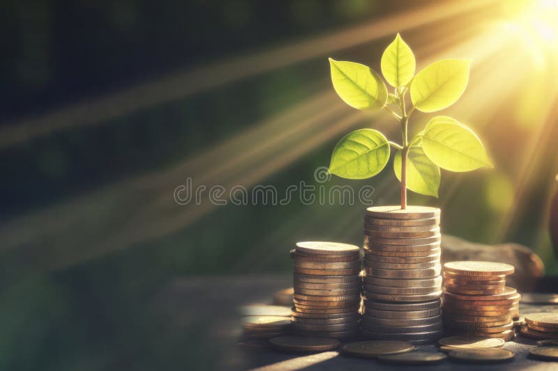 Saving Money Concept, Tree Growing on Coins Stack with Sun Ray. Ai ...