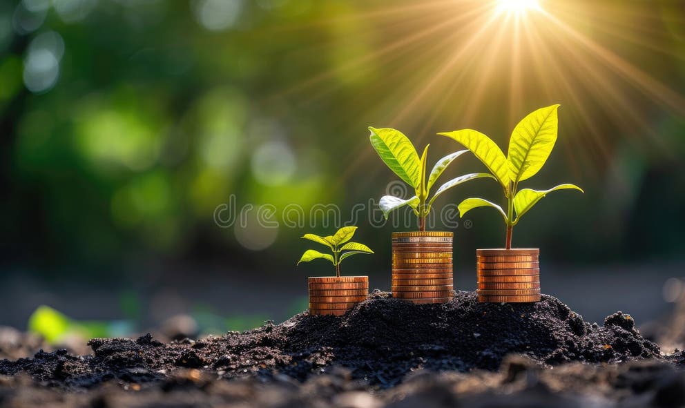 Saving Money Concept, Tree Growing on Coins Stack with Sun Ray Stock ...
