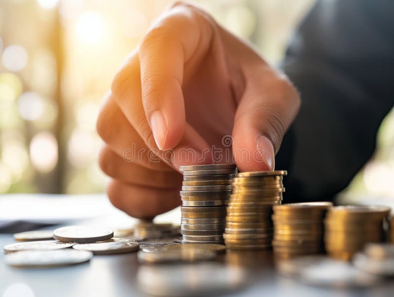 Saving Money Hand Putting Coins on Stack on Table, Concept Finance and ...