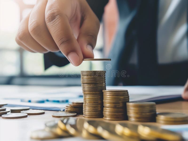 Saving Money Hand Putting Coins on Stack on Table, Concept Finance and ...