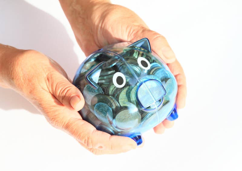 Saving Pig Full of Money in Hands Stock Image - Image of blue, full ...