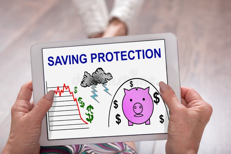 Saving Protection Concept on a Tablet Stock Image - Image of bank ...