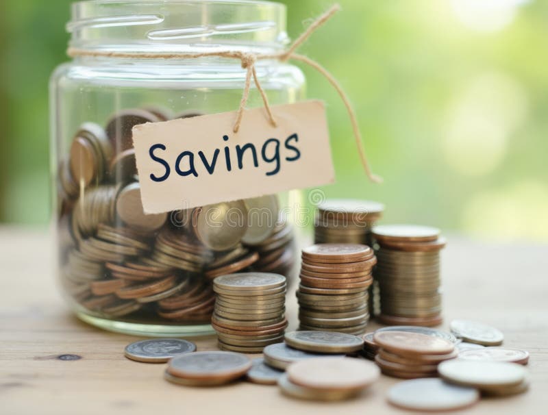 Savings â€“ a Jar Filled with Coins and a Label Showing the Importance ...