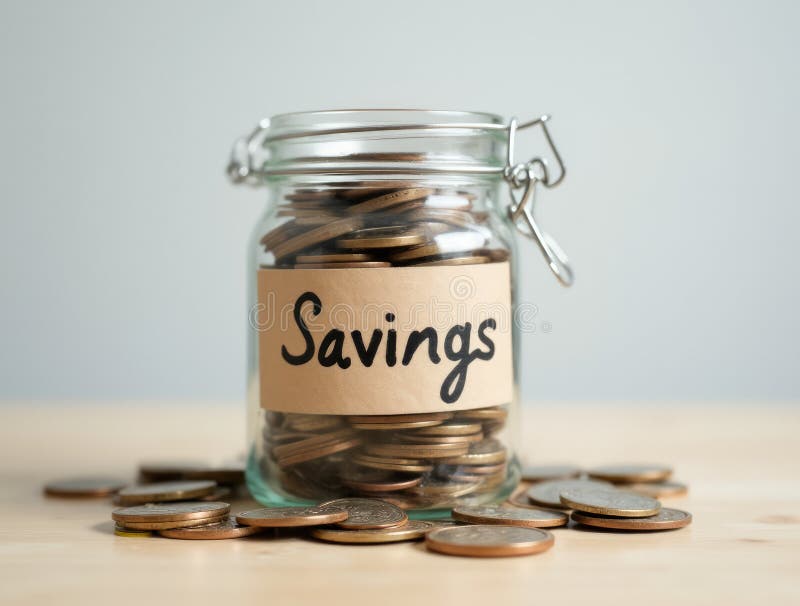 Savings â€“ a Jar Filled with Coins and a Label Showing the Importance ...