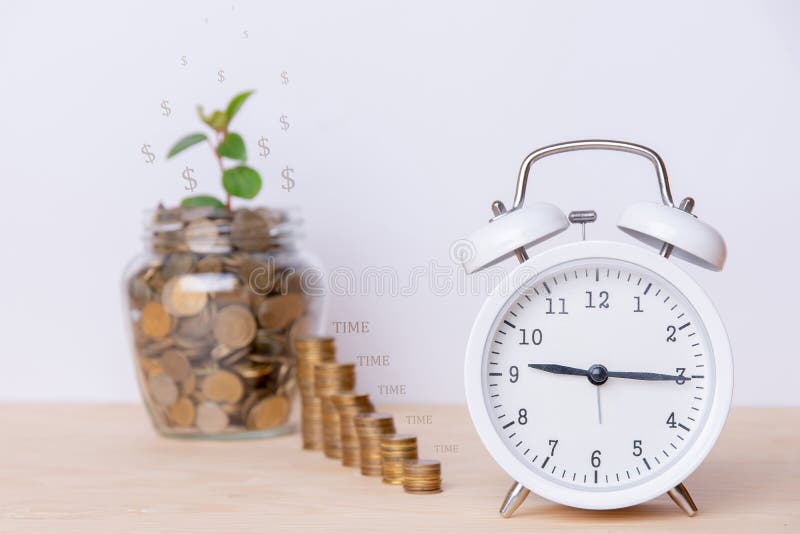 Savings on White Background. Concept with White Clock, Jar and Stack of ...