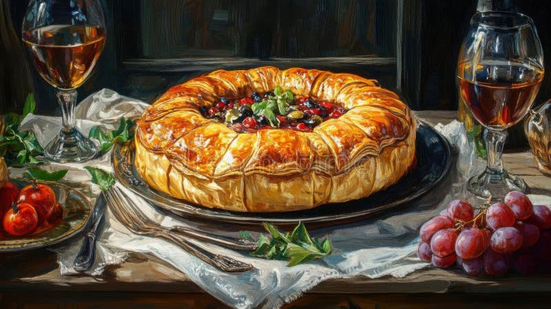Savor Baked Pastry with Fruit and Wine Still Life in Classic Theme ...