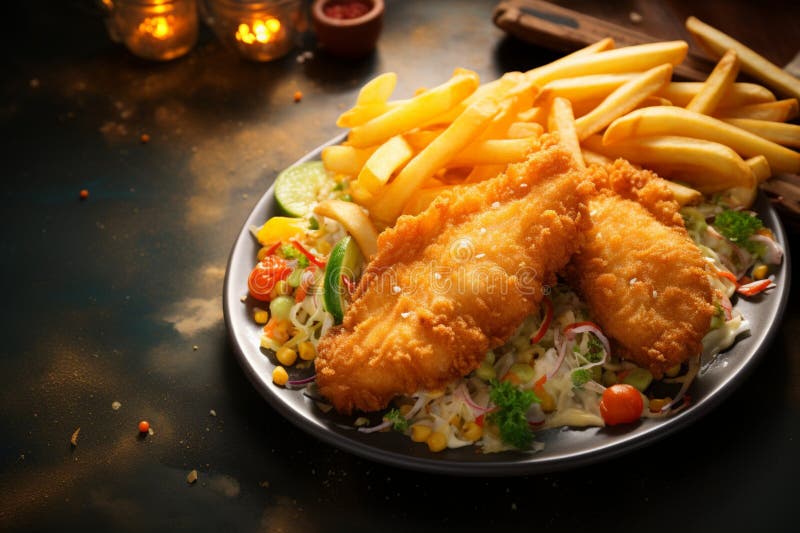Savor the Combo Fish and Chips with a Side of Mini Salad Stock ...