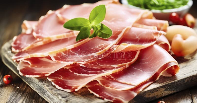 Savoring the Rich Flavors of Finely Sliced Cured Ham on a Rustic Wood ...