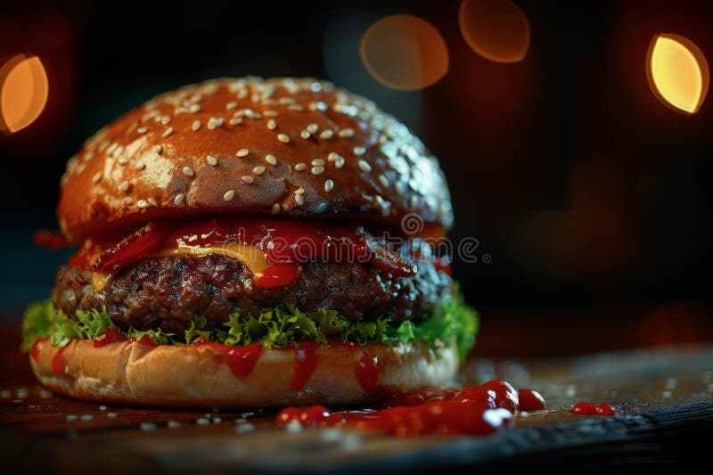 Savory Bacon Burger Presented on Rustic Wooden Board with Space for ...