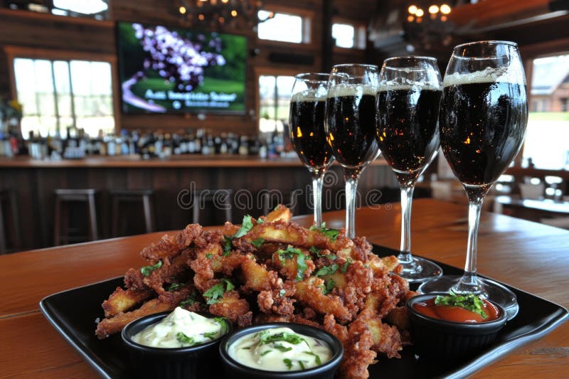 Savory Bar Bites and Refreshing Stout Beers on a Wooden Table in Rustic ...