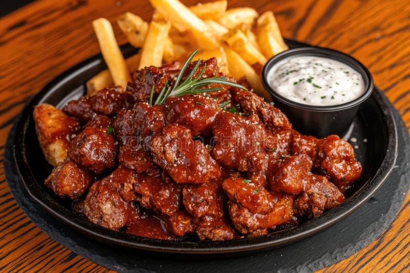 Savory Barbecue Beef Bites with Fries and Creamy Dip Stock Image ...