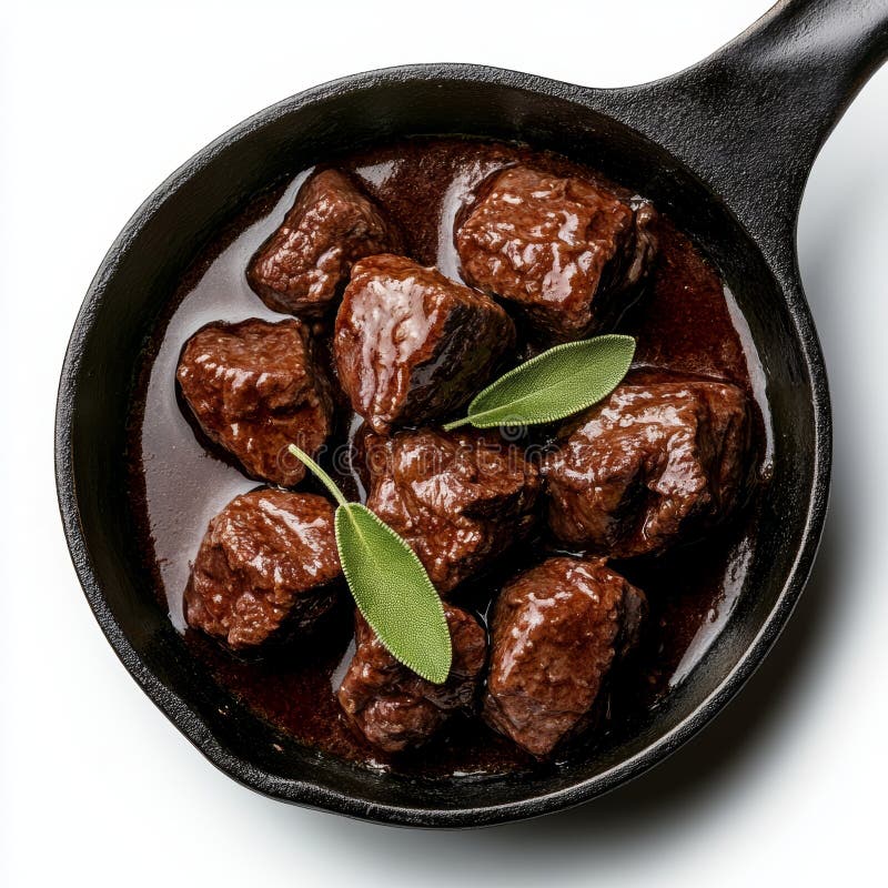 Savory Beef Chunks Cooked in Aromatic Red Wine Sauce with Sage, Presented in a Cast Iron Pan on ...