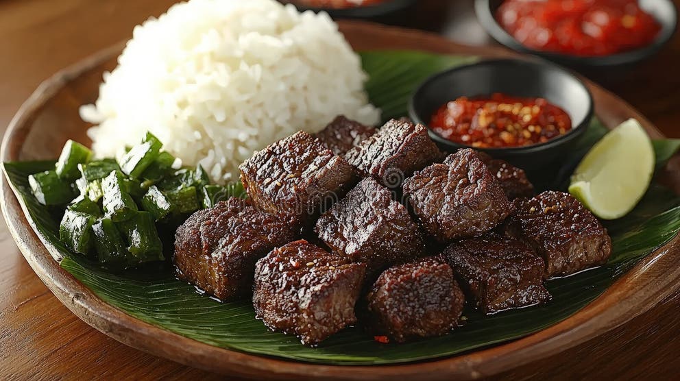 Savory Beef Cubes, Rice, and Sauce Stock Image - Image of asian ...