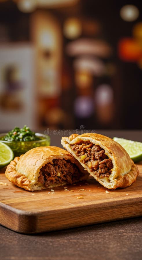 Savory Beef Empanada with Green Sauce on Wooden Board Stock ...