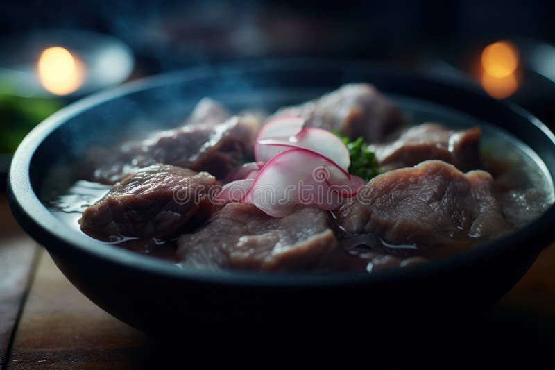 Savory Beef Stew in a Black Bowl with Radish Slices Stock Illustration ...
