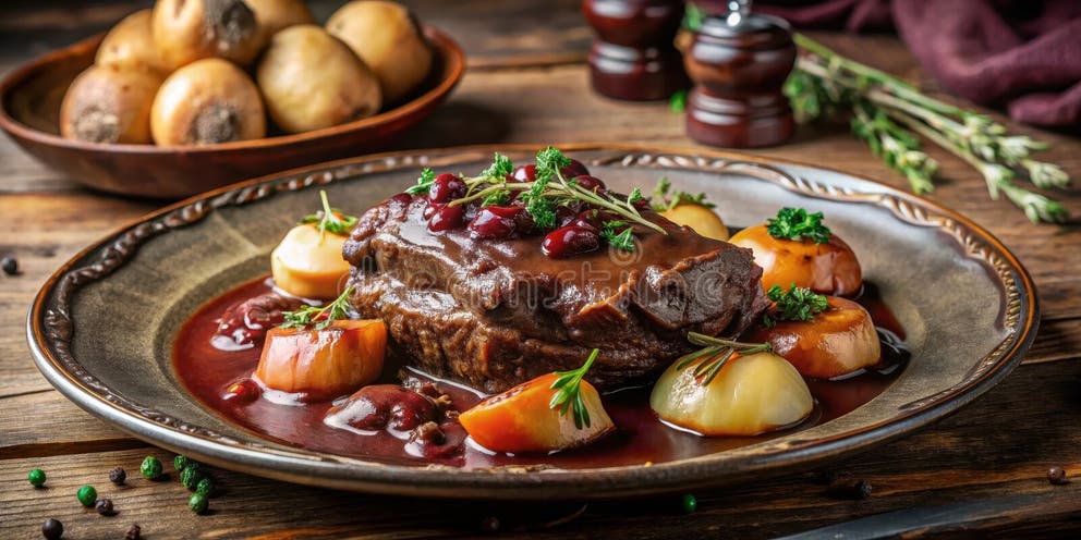 A Savory Beef Stew with Root Vegetables and Cranberry Sauce, Served on ...