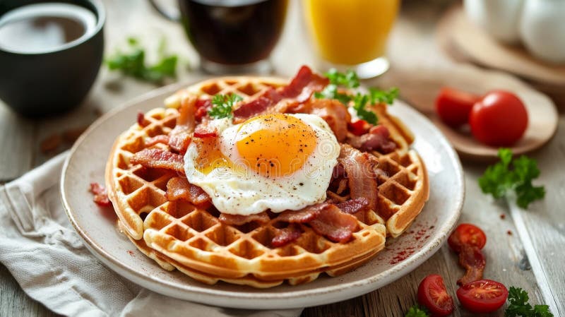 Savory Breakfast Waffle Topped with Bacon and Fried Egg Delight Stock ...