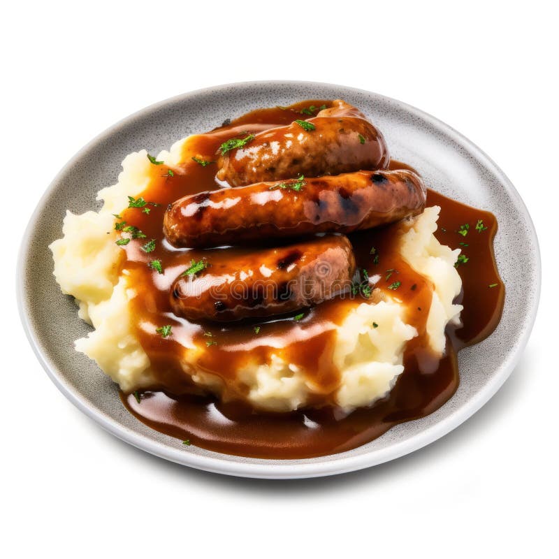 Savory British Bangers and Mash with Gravy on a Plate . Stock ...