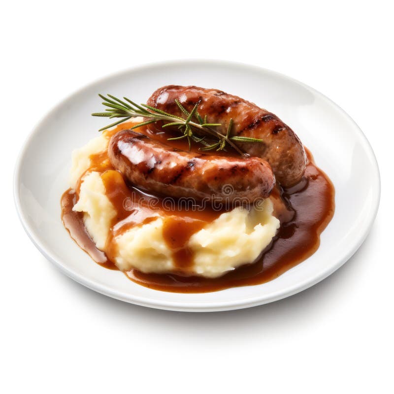 Savory British Bangers and Mash with Gravy on a Plate . Stock ...