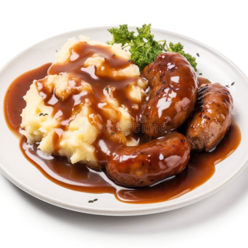 Savory British Bangers and Mash with Gravy on a Plate . Stock ...